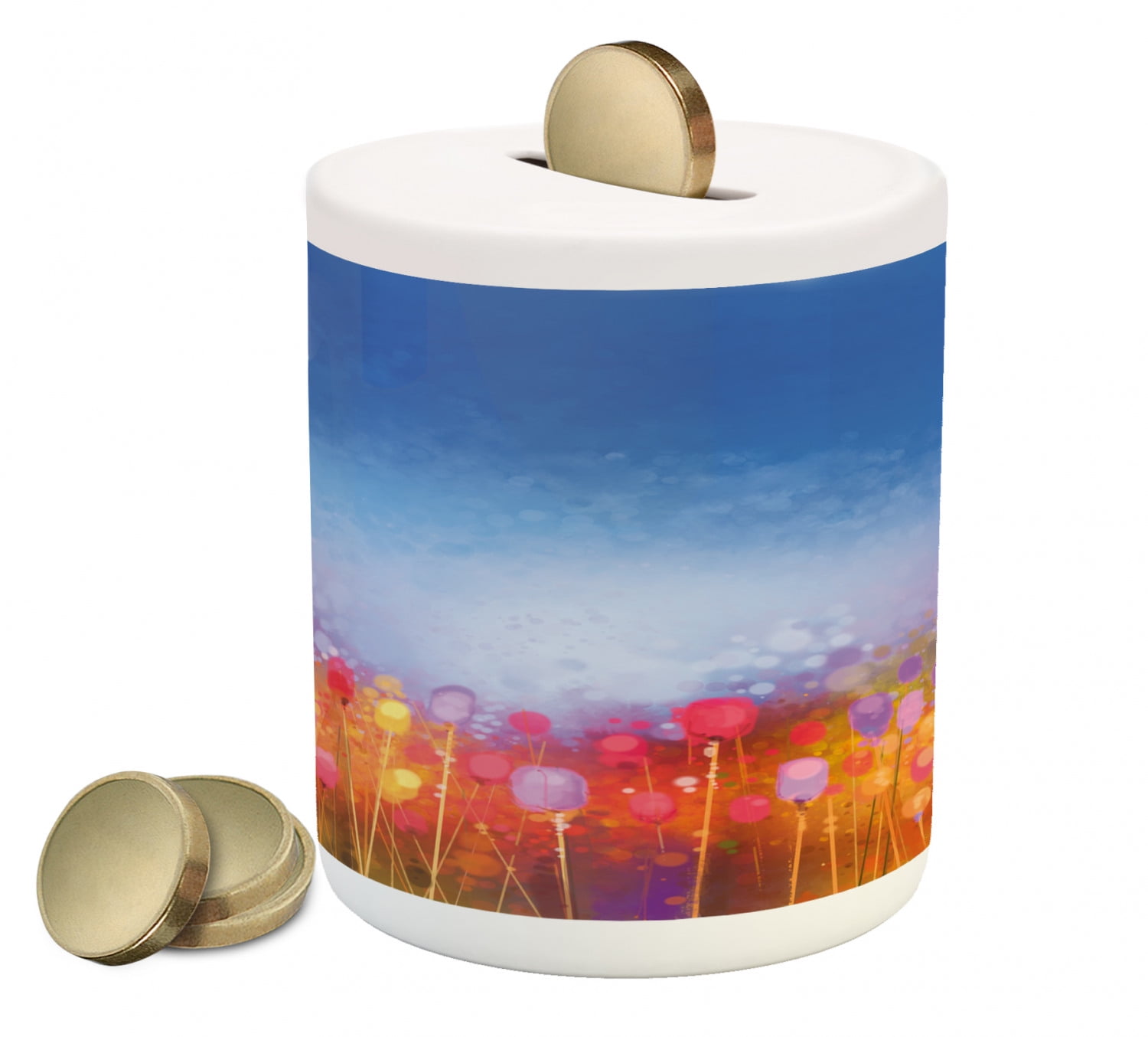 Flower Piggy Bank, Abstract Tulip Garden Under Blue Sky in Medieval ...