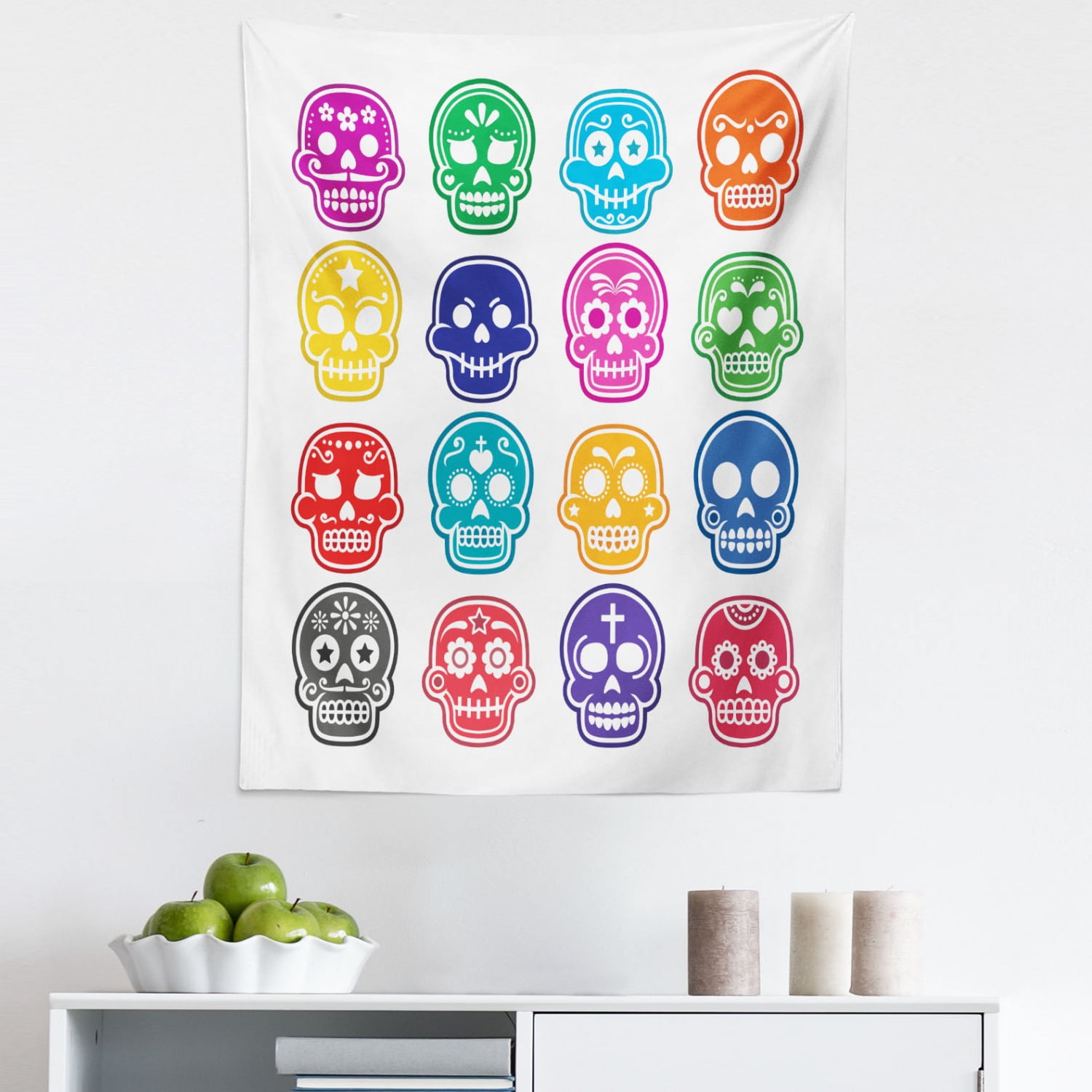 Sugar Skull Tapestry, Cartoon Style Abstract Sugar Skull Representing ...