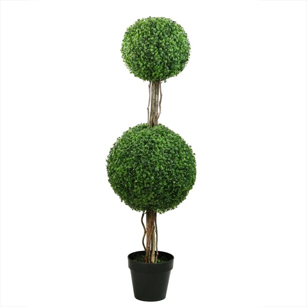 48" Potted Two Tone Green Double Ball Boxwood Topiary Artificial Garden ...