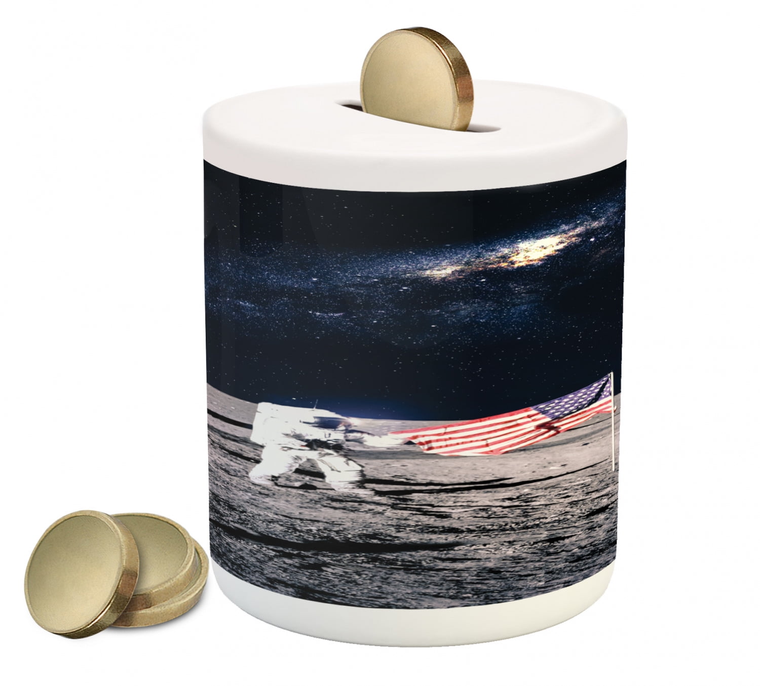 Outer Space Piggy Bank, Moon Astronaut on Universe with American Flag ...