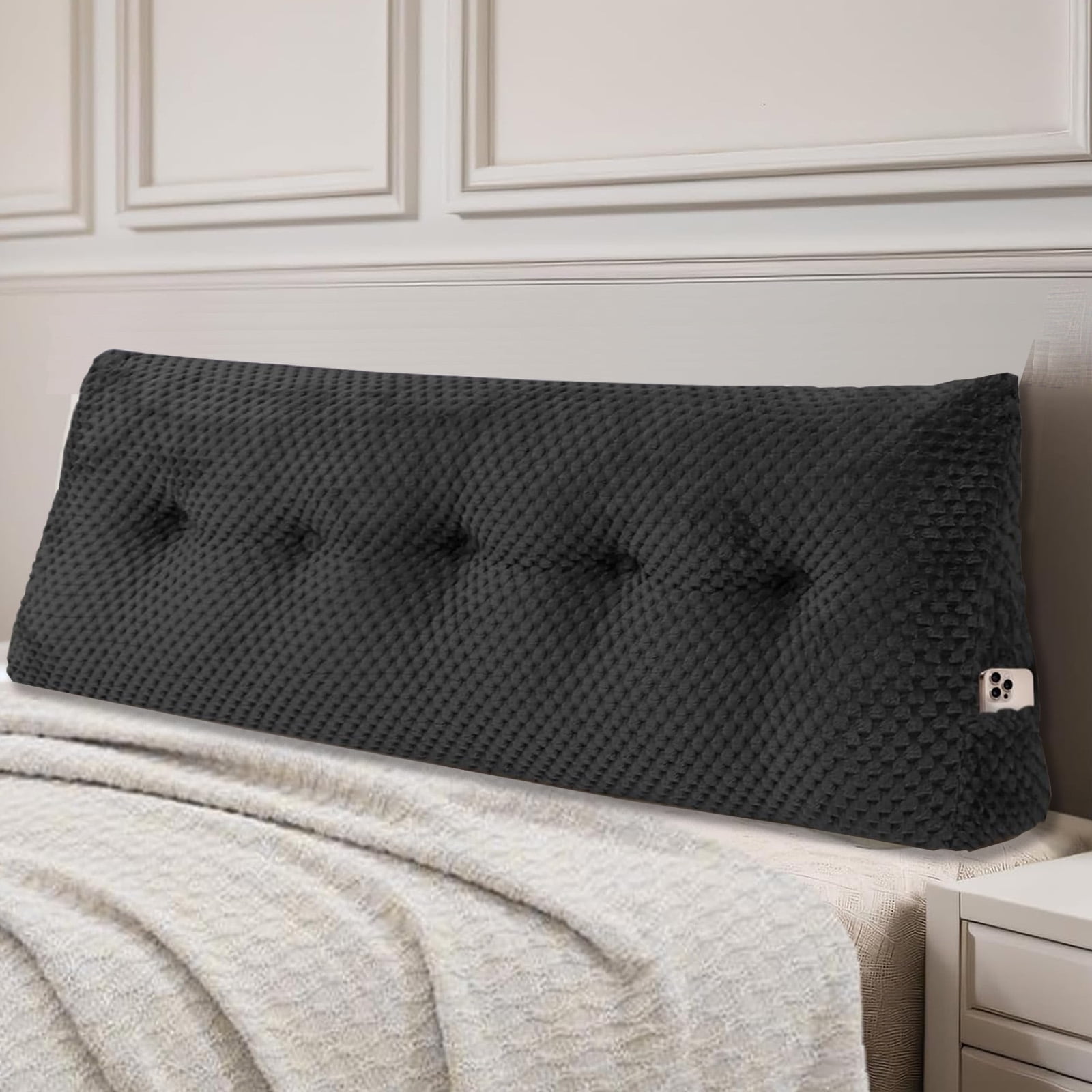 Susuzi Velvet Soft Triangular Wedge Headboard Pillow - Queen Size 59X20X8 Reading Pillow Lumbar Support Cushion With Side Pockets  Machine Washable