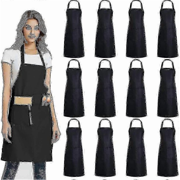 12 Pack Commercial Bib Aprons Bulk, Black Unisex with 2 Pockets ...