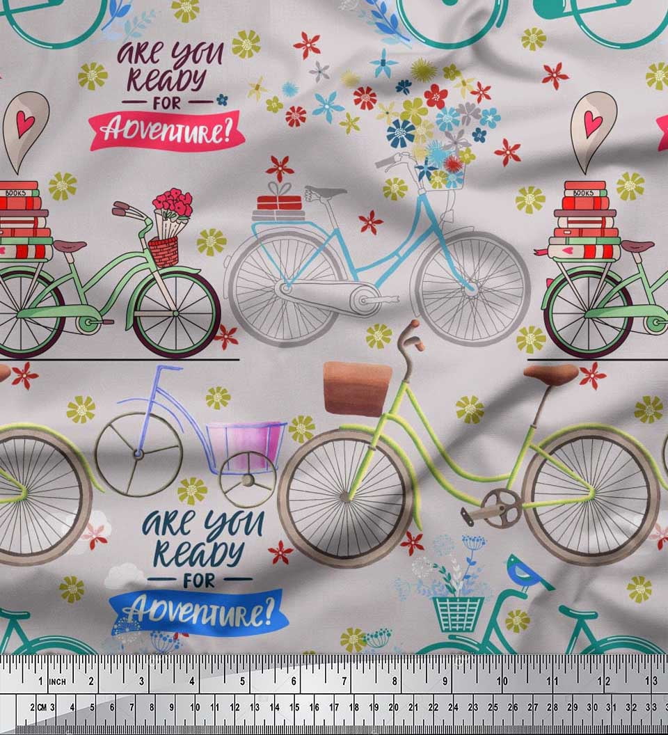 Soimoi Satin Silk Fabric Text,Floral & Bicycle Transport Print Fabric ...