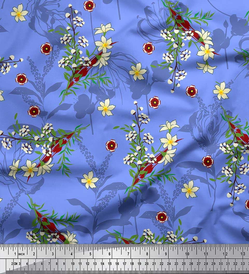 Soimoi Blue Japan Crepe Satin Fabric Leaves,Primrose & Cottonball Flower Print Fabric by The ...