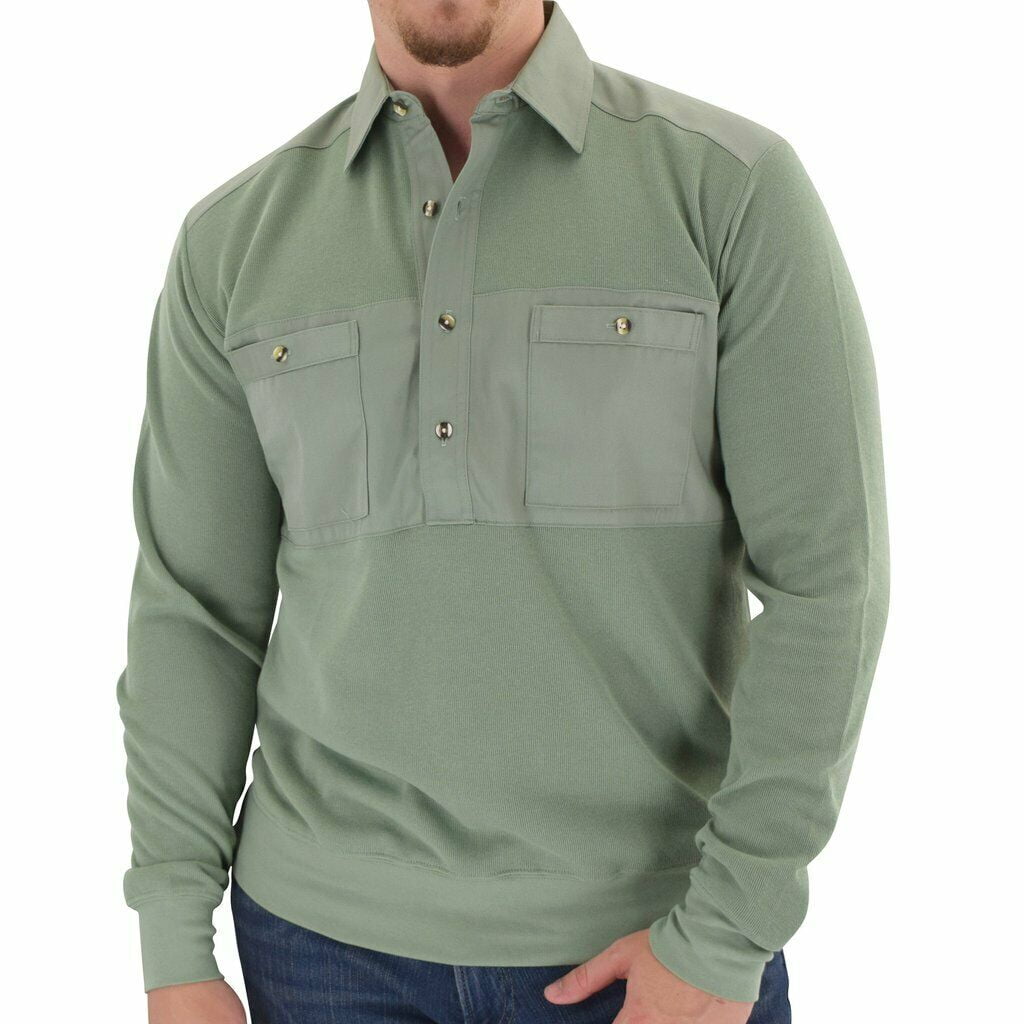 Mens Banded Bottom Long Sleeve Solid Knit Shirt Woven Chest Panel in 9 ...
