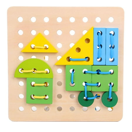 Baby Preschool Kindergarten Wooden Geometrics Blocks Lacing & Threading ...