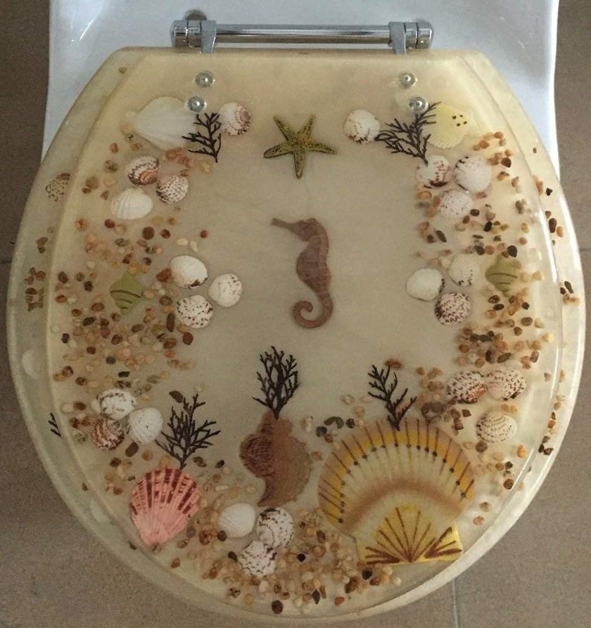JEWEL SHELL SEASHELL AND SEAHORSE RESIN TOILET SEAT, CHROME HINGES ...