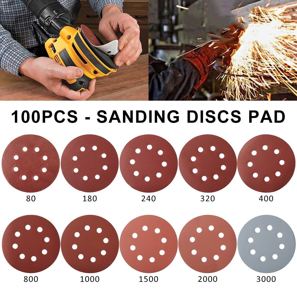 JTWEB 100 Packs 5 Inch 8 Hole Assorted Grits Sanding Discs, Sanding ...