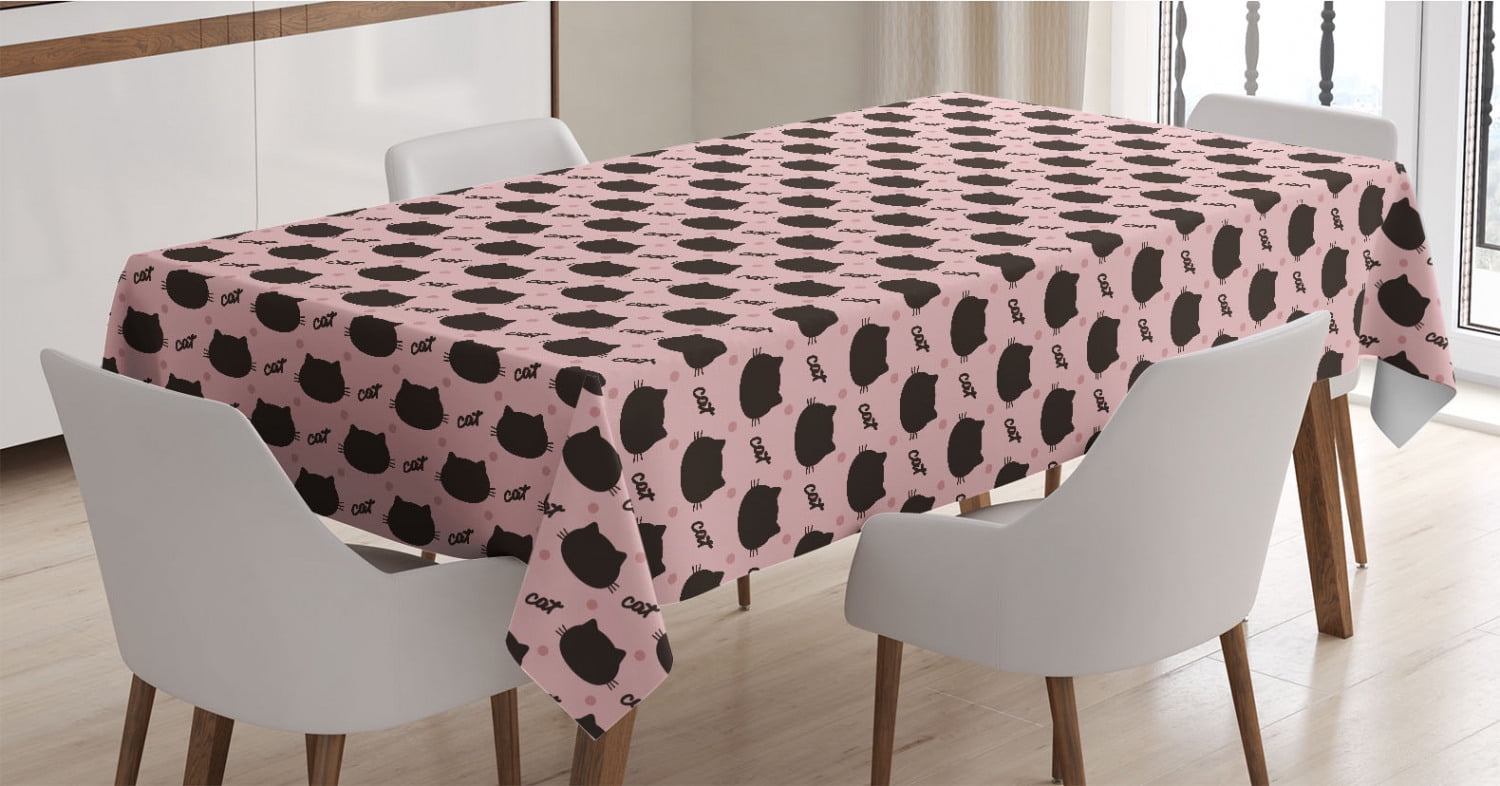 Cat Tablecloth, Dark Head Silhouettes Hand Writing and Dots Girlish ...