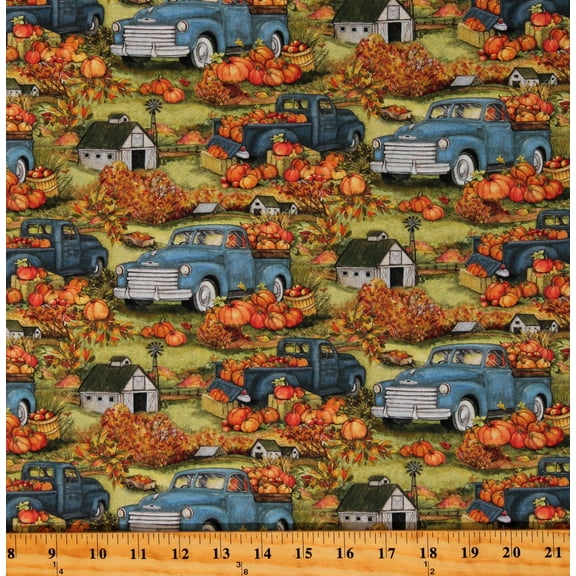 Cotton Red Trucks Apples Pumpkins Sunflowers Thanksgiving Fall Autumn ...
