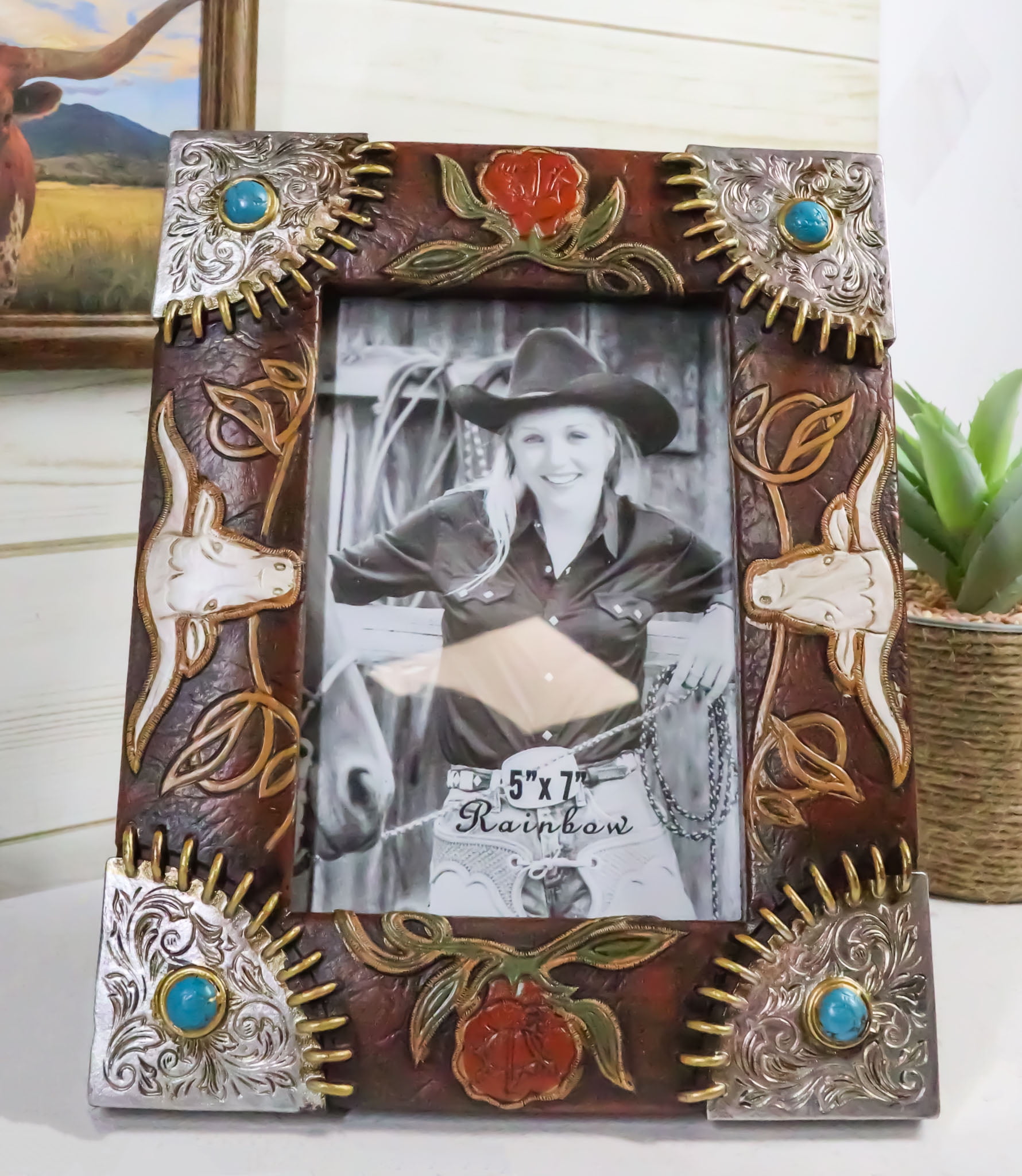 Rustic Western Longhorns Silver Conchos Turquoise Gems Picture Photo ...