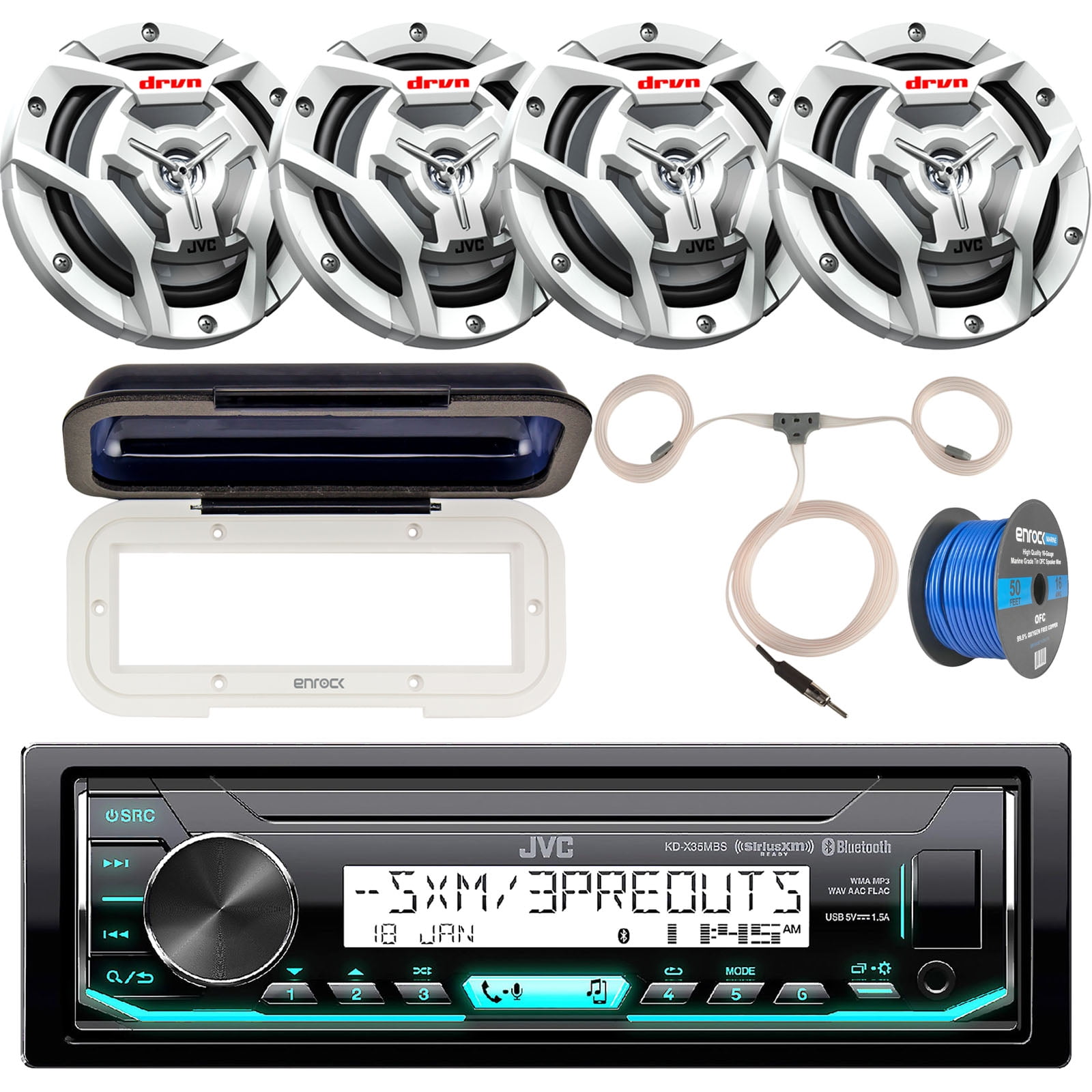 Bay Boat Audio Package: JVC KD-X35MBS Marine Single DIN AM/FM Bluetooth ...
