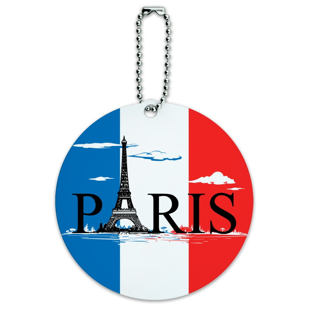 Paris France Eiffel Tower and Flag with Clouds Round Luggage ID Tag ...
