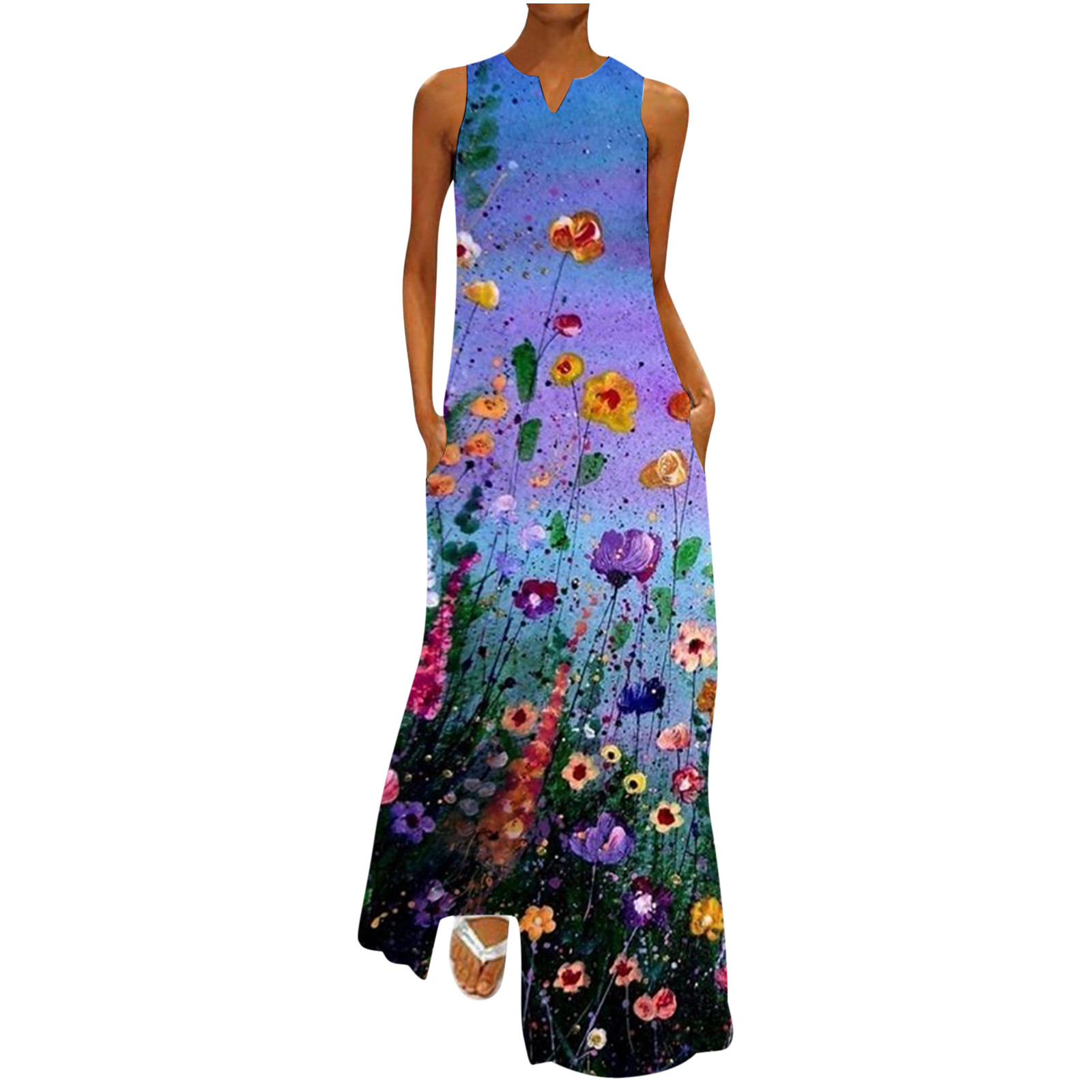 HTNBO Casual Maxi Dresses for Women Summer Sleeveless Floral Printed ...