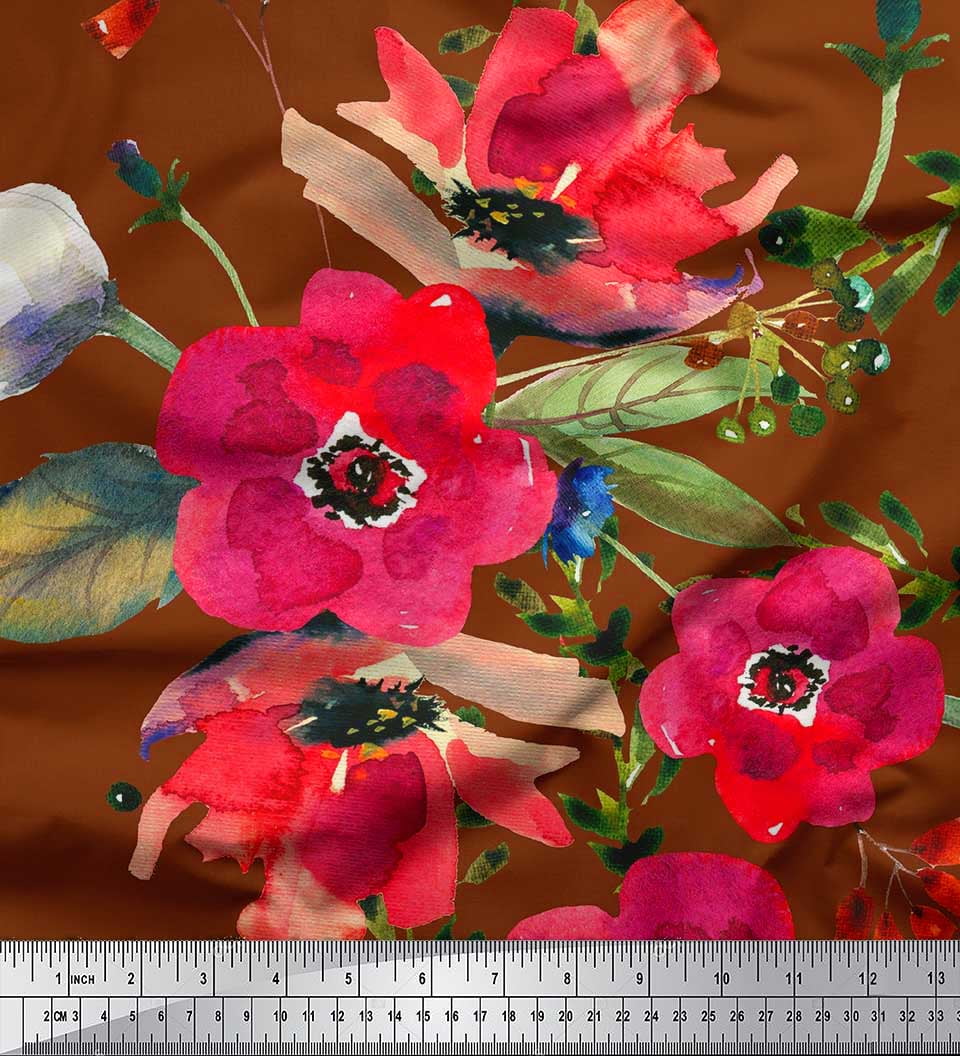 Soimoi Satin Silk Fabric Leaves & Poppy Flower Print Fabric by the Yard ...