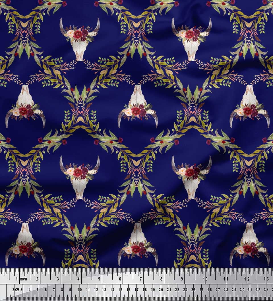 Soimoi Blue Japan Crepe Satin Fabric Floral & Cow Skull Head Damask ...