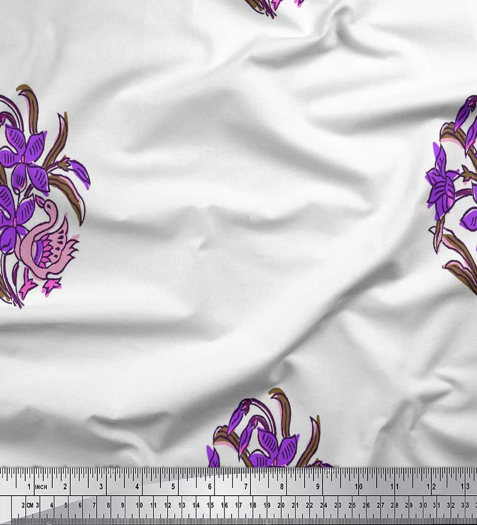 Soimoi Polyester Crepe Fabric Leaves,Duck & Floral Block Print Fabric ...