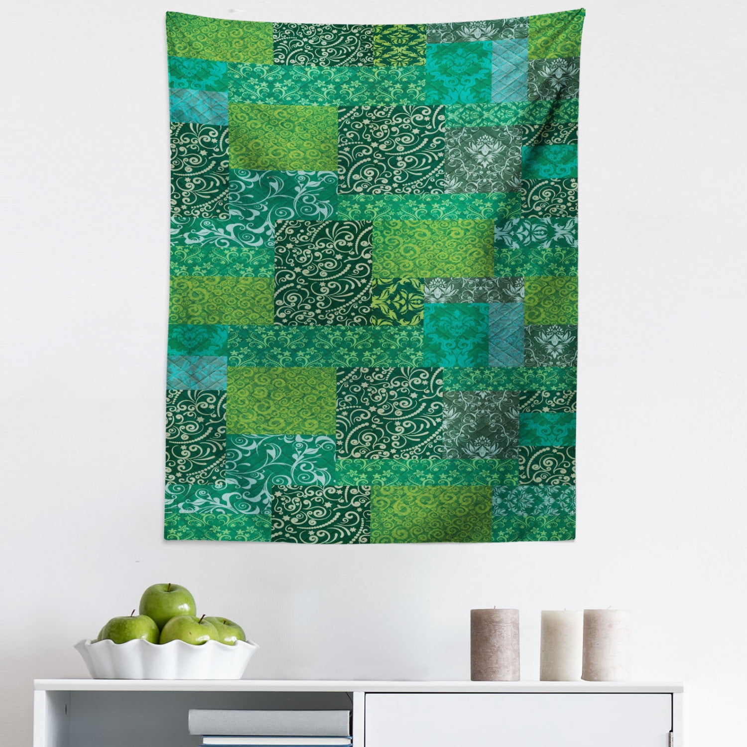 Floral Tapestry, Green Tone Monochrome Nature Themed Pattern with ...