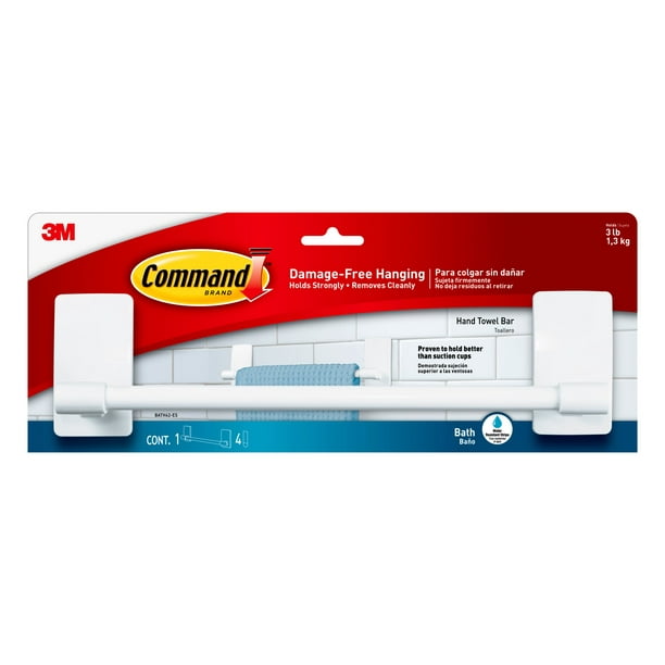 Command Bath Plastic Hand Towel Bar, White, 1 Hand Towel Rack, 4 Strips ...