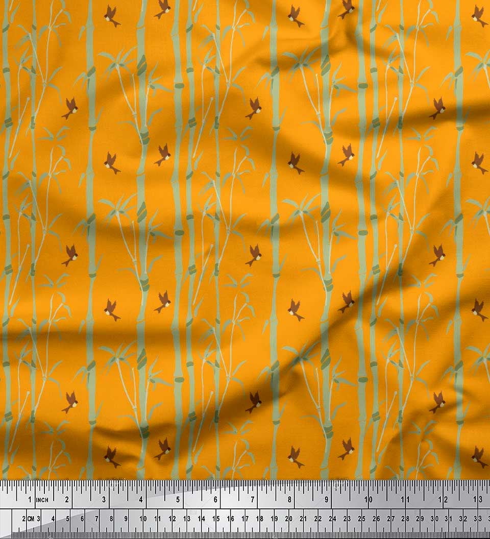 Soimoi Moss Georgette Fabric Bird & Bamboo Tree Print Fabric by Yard 42 ...