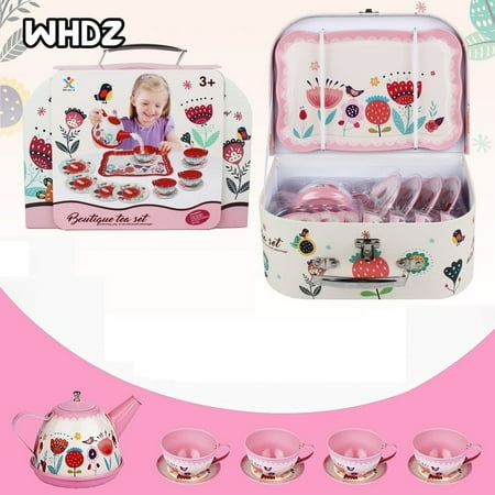 Tea Set for Little Girls, Kids Tea Set 15 Piece Pink Tin Tea Party Set ...