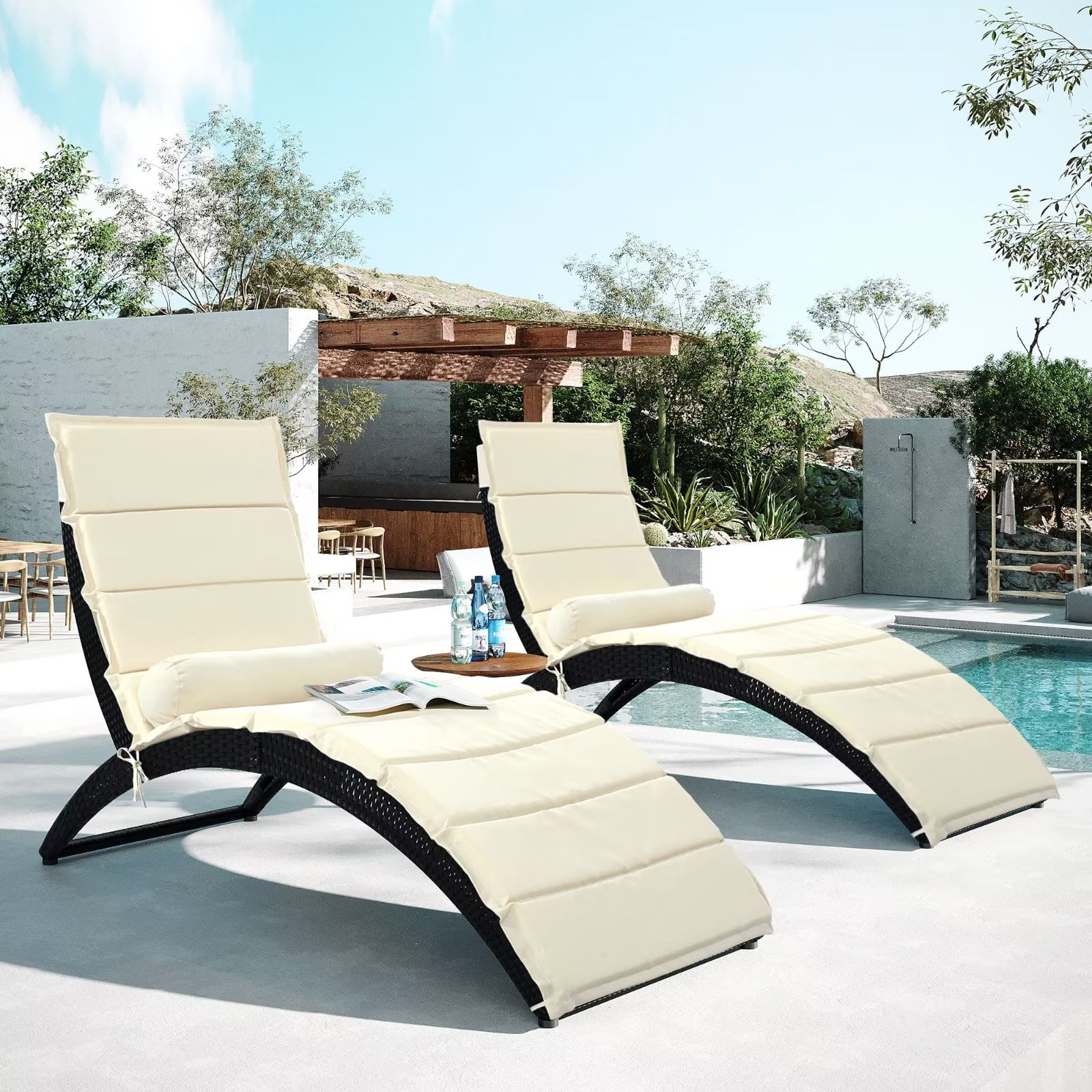 Set of 2 Patio Wicker Sunbathing Lounger Chairs, PE Rattan Foldable ...
