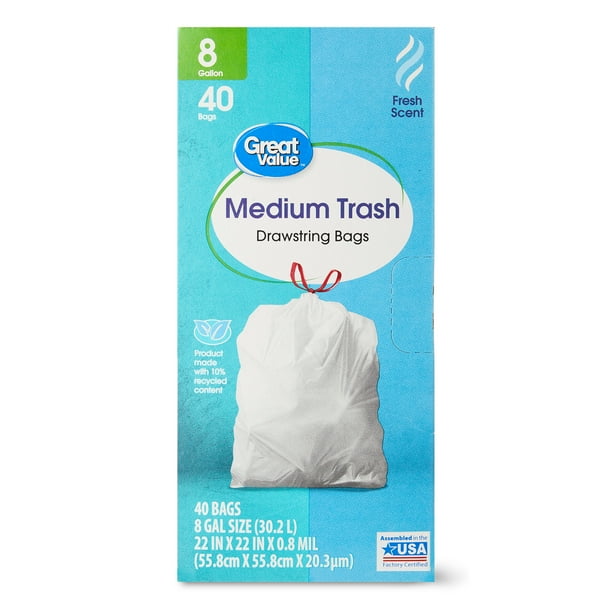 Great Value 8-Gallon White Drawstring Medium Trash Bags, Fresh Scent ...