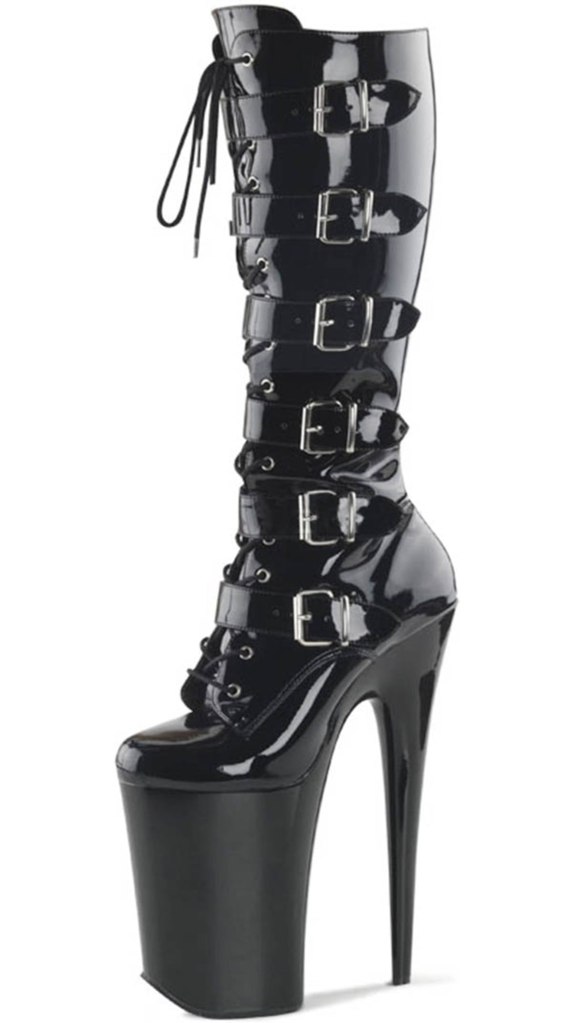 Pleaser Glossy Black Patent Buckle Knee High Boots With Laces And 9