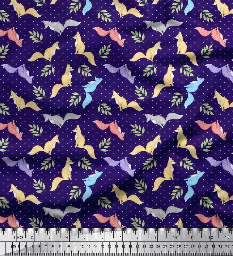 Soimoi Crepe Silk Fabric Dot,Leaves & Fox Animal Print Fabric by Yard ...