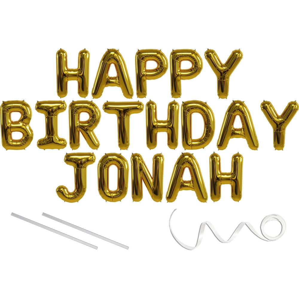 Jonah, Happy Birthday Mylar Balloon Banner - Gold - 16 inch Letters ...