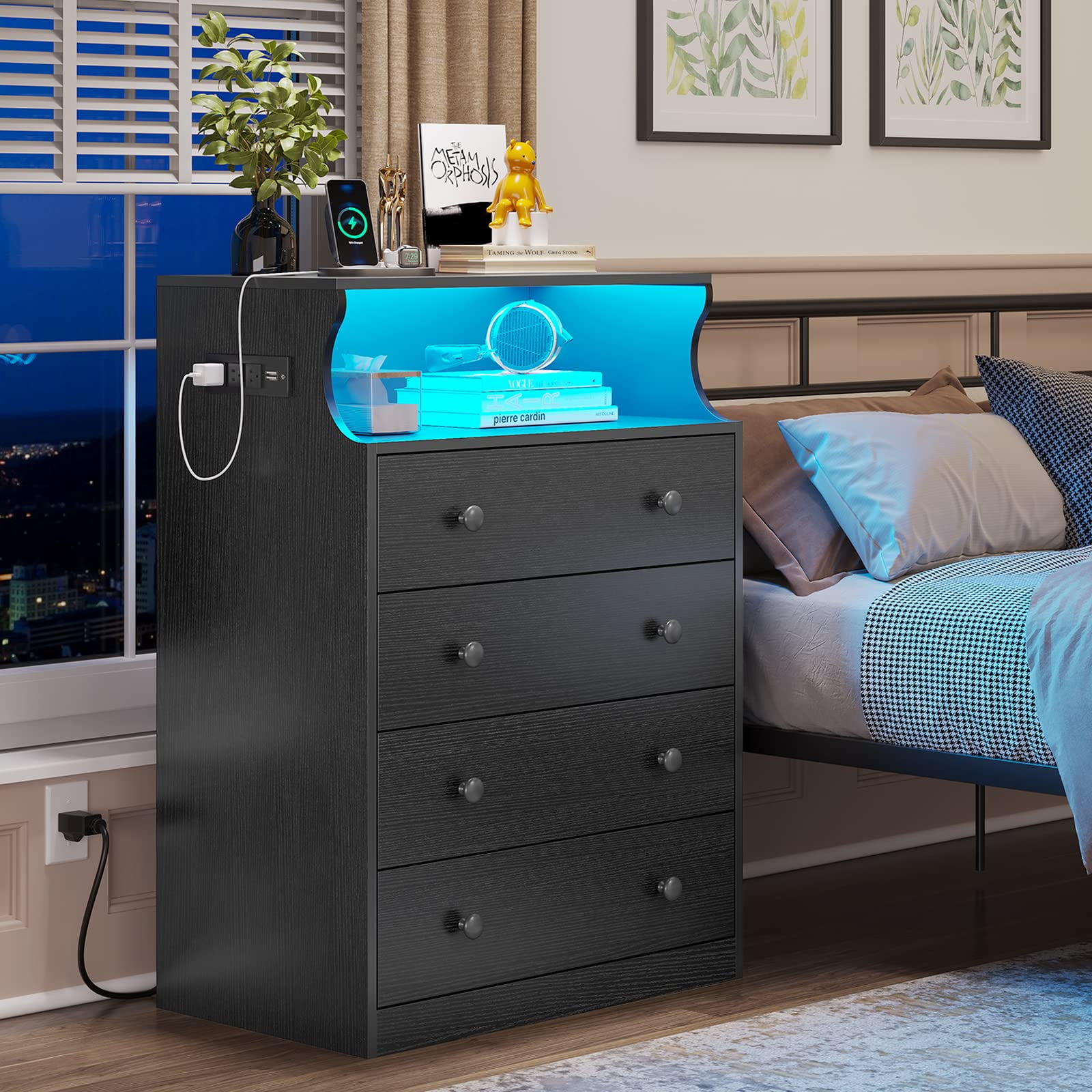 4 Drawer Dresser with LED Lights and Charging Station,Modern Black ...