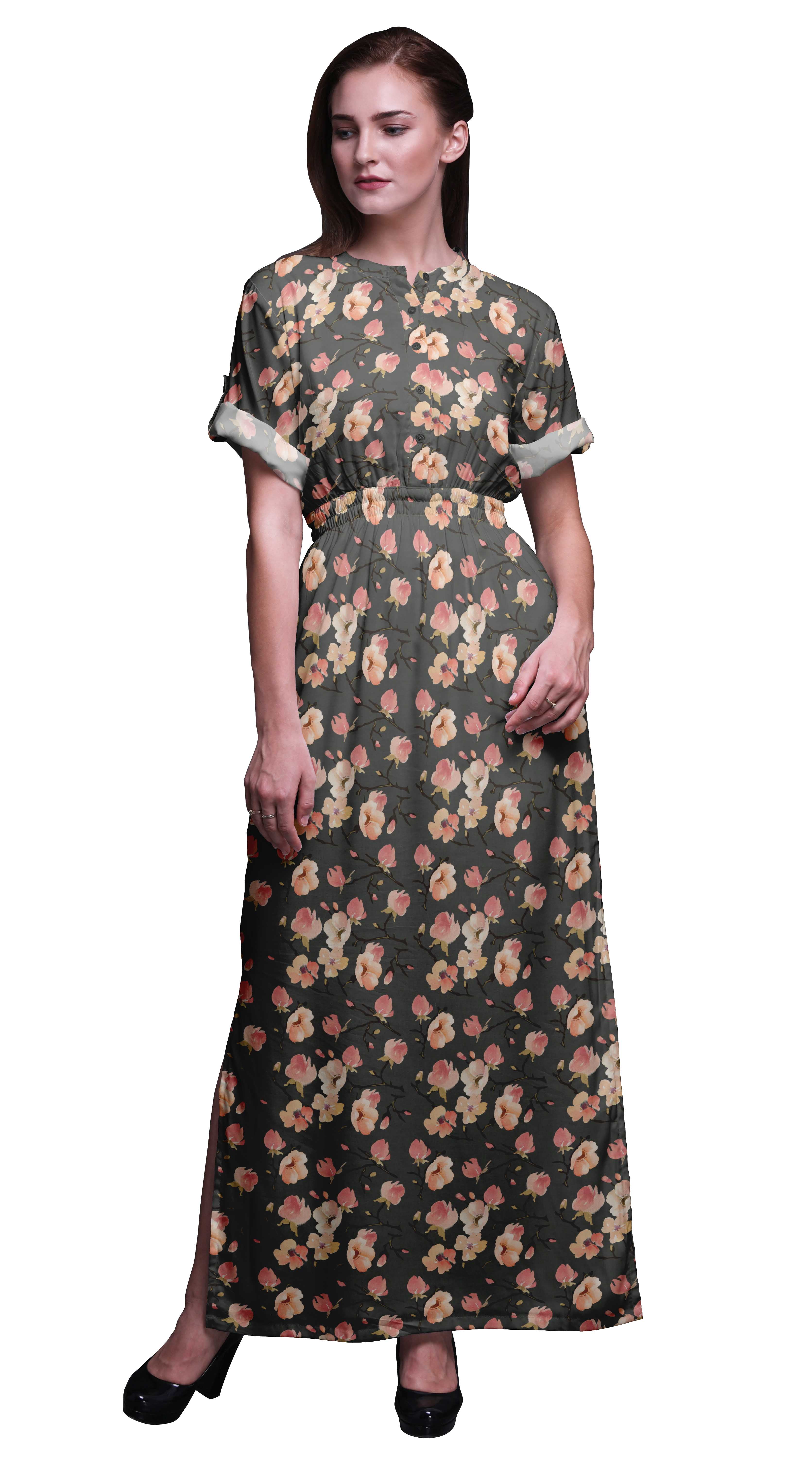Bimba Rayon Peach Flower Watercolor Ladies Long Gown Boho Beach ...