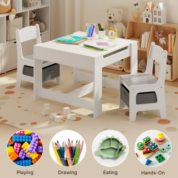 Shininglove Kids Wood Table & 2 Chairs Set, 3 in 1 Children Activity ...
