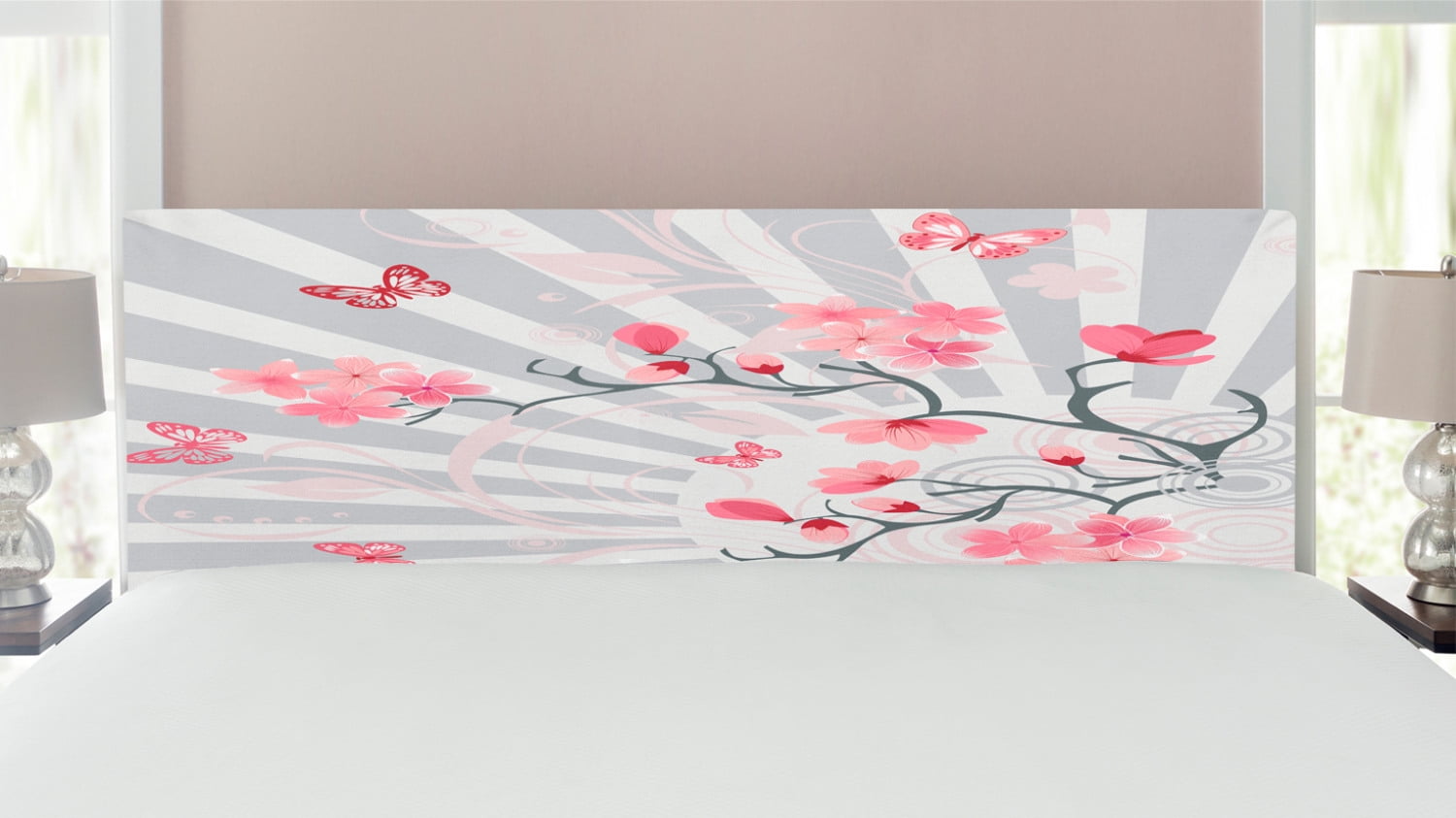 Nature Headboard, Cherry Blooming Butterflies on Stripes Sun Rays Curvy ...