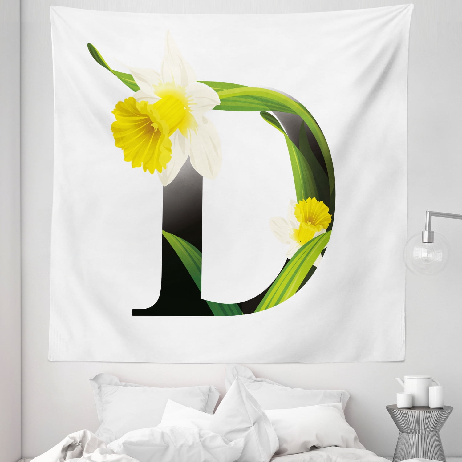 Letter D Tapestry, Black D Silhouette Entangled with Growing Daffodils ...