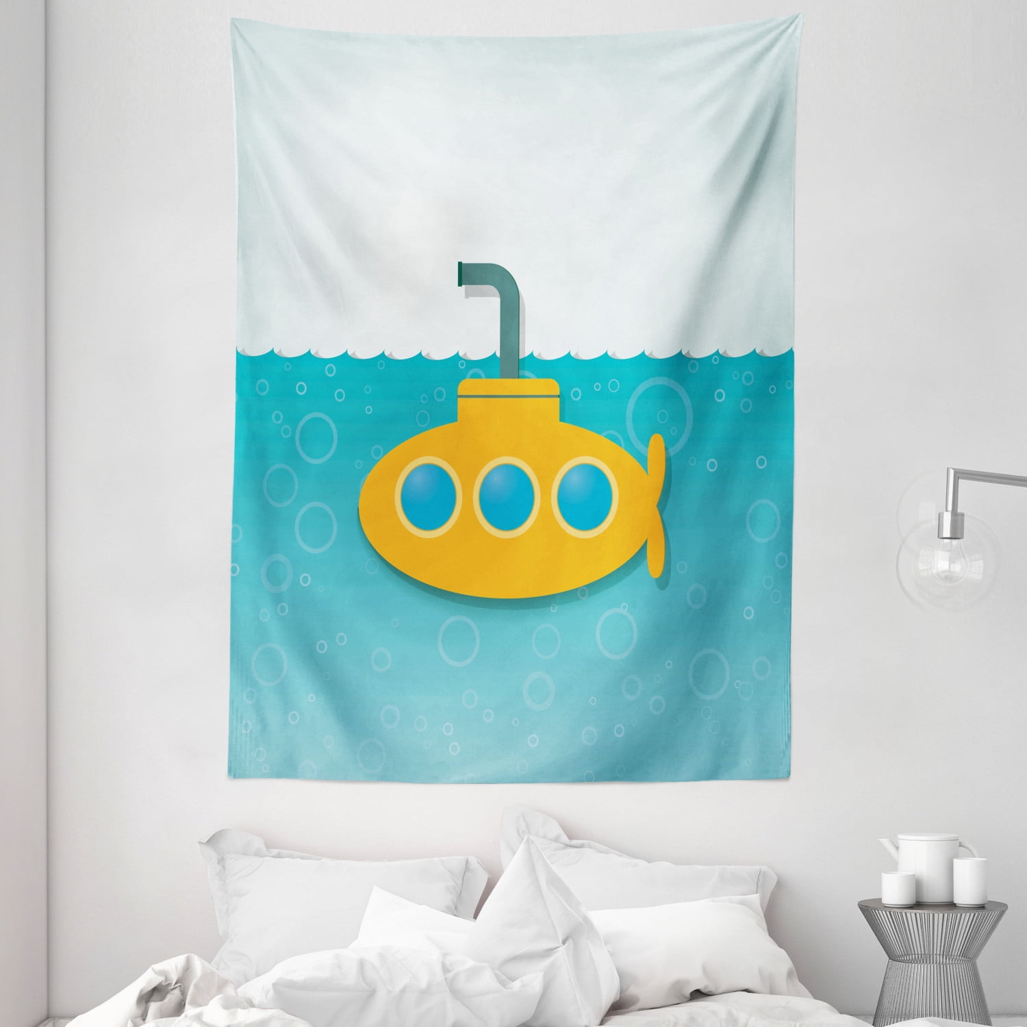 Yellow Submarine Decor Tapestry, Illustration of Submarine Bubbles ...