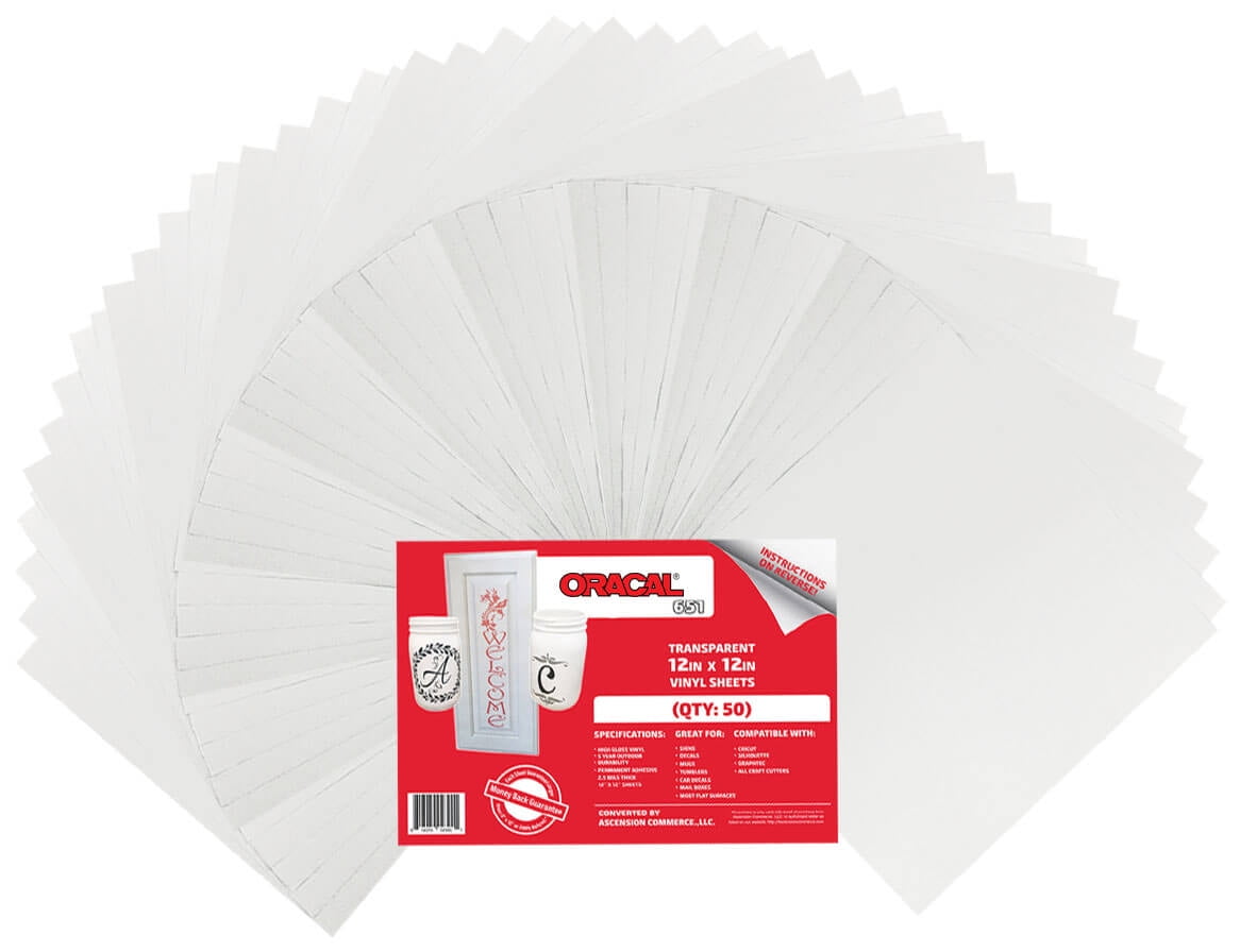 (50) 12" x 12" Sheets - Oracal 651 Transparent Adhesive Craft Vinyl for ...