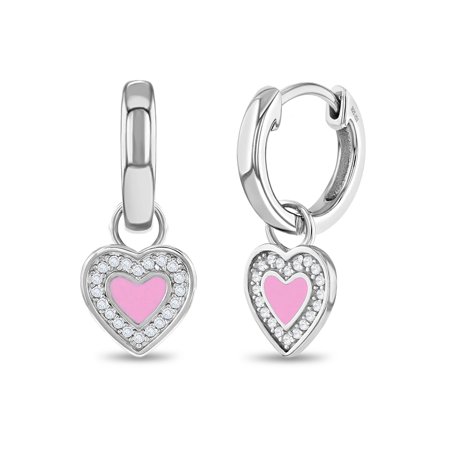 925 Sterling Silver Pink Enameled Heart Dangle Hoop Earrings For Young ...