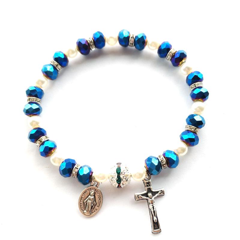 Catholic Strand Bracelet Women for Cross Charms Beaded Stretch Rosary ...