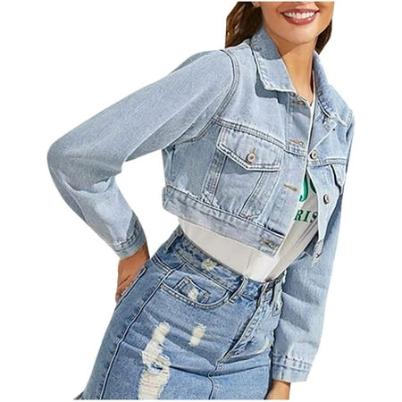 Short Length Denim Jacket for Women Distressed Long Sleeve Crop Tops ...