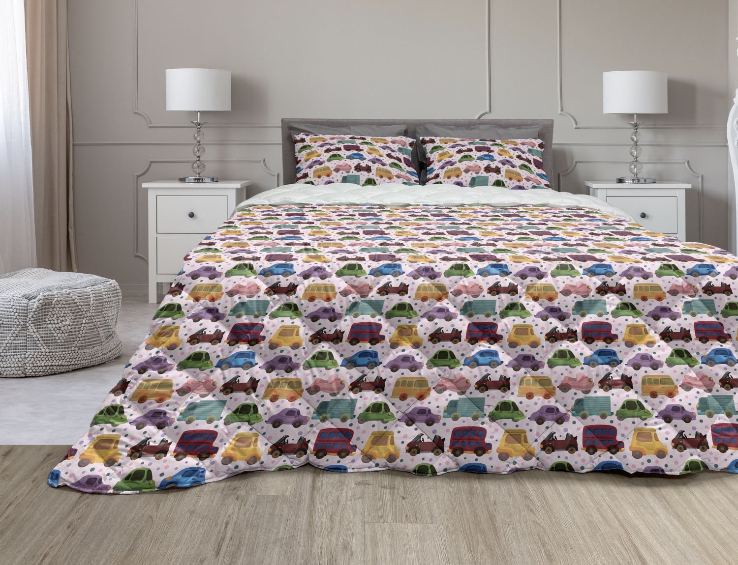 Cars Comforter & Sham Bedding Set, Cartoon Style Vehicles Double ...