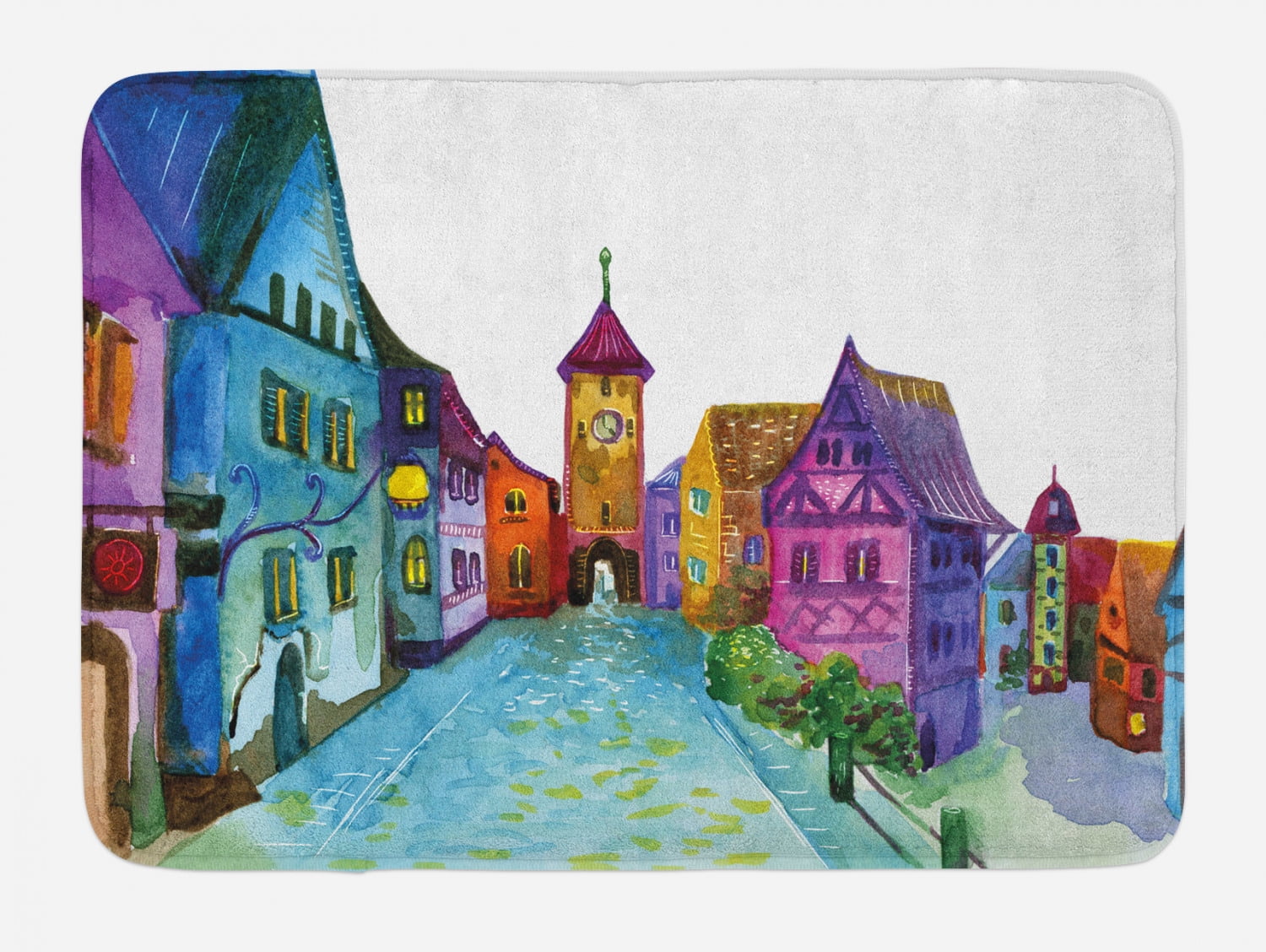 Cartoon Bath Mat, European Scenery with Pastel Colors and Road Aged Old ...