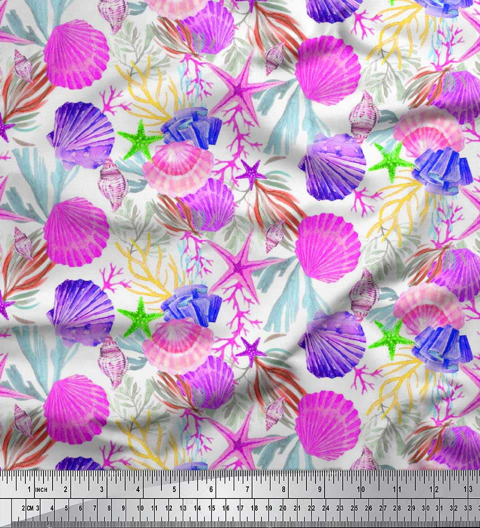 Soimoi Satin Silk Fabric Coral,Starfish & Sea Shell Ocean Print Fabric ...