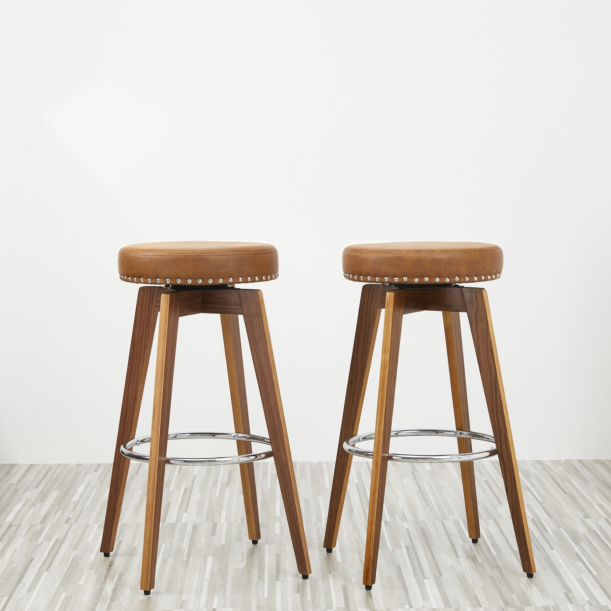 Glitzhome Set of 2 Bar Stool with Swivel Brown PU Leather Seat and Wood ...
