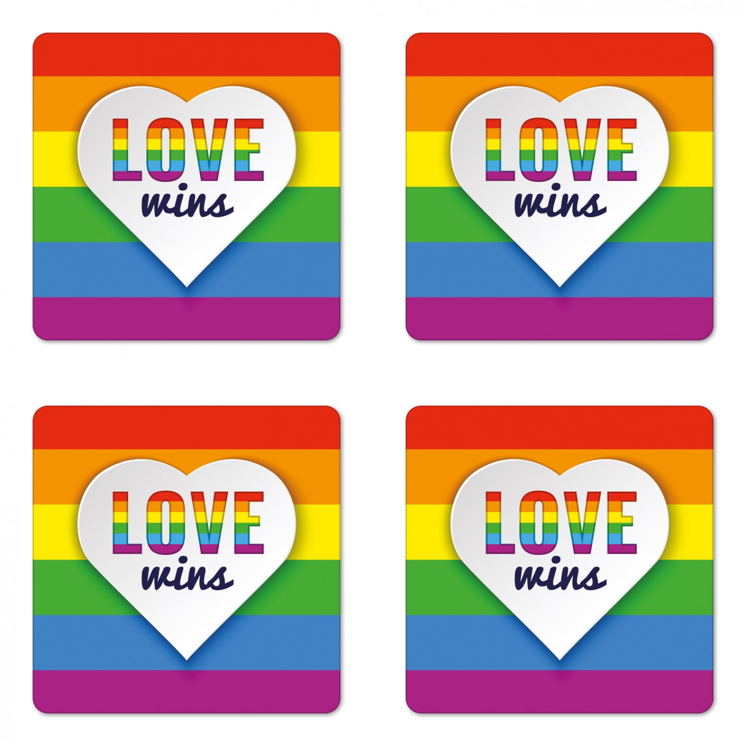Pride Coaster Set of 4, Rainbow Flag with Stripes Heart with Love Wins ...