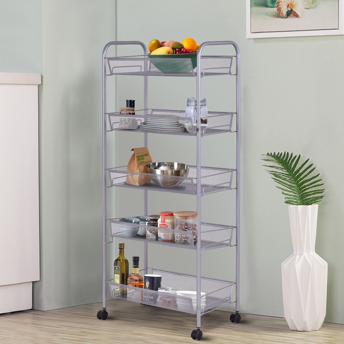 SEGMART 5-Tier Shelving Unit Storage Carts with Wheels, 17.5" x 10" x ...