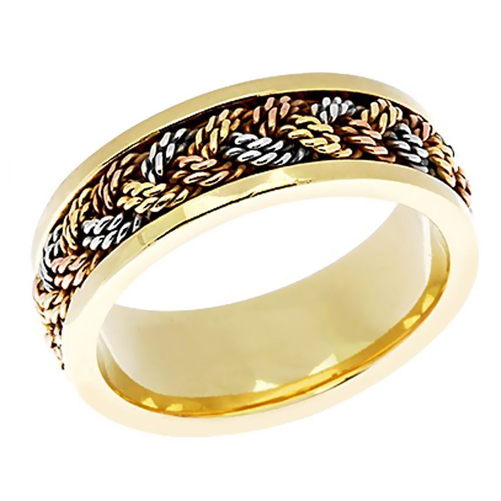 14k Tri-Color Gold 6MM Double Braided Rope Design Wedding Band Comfort ...