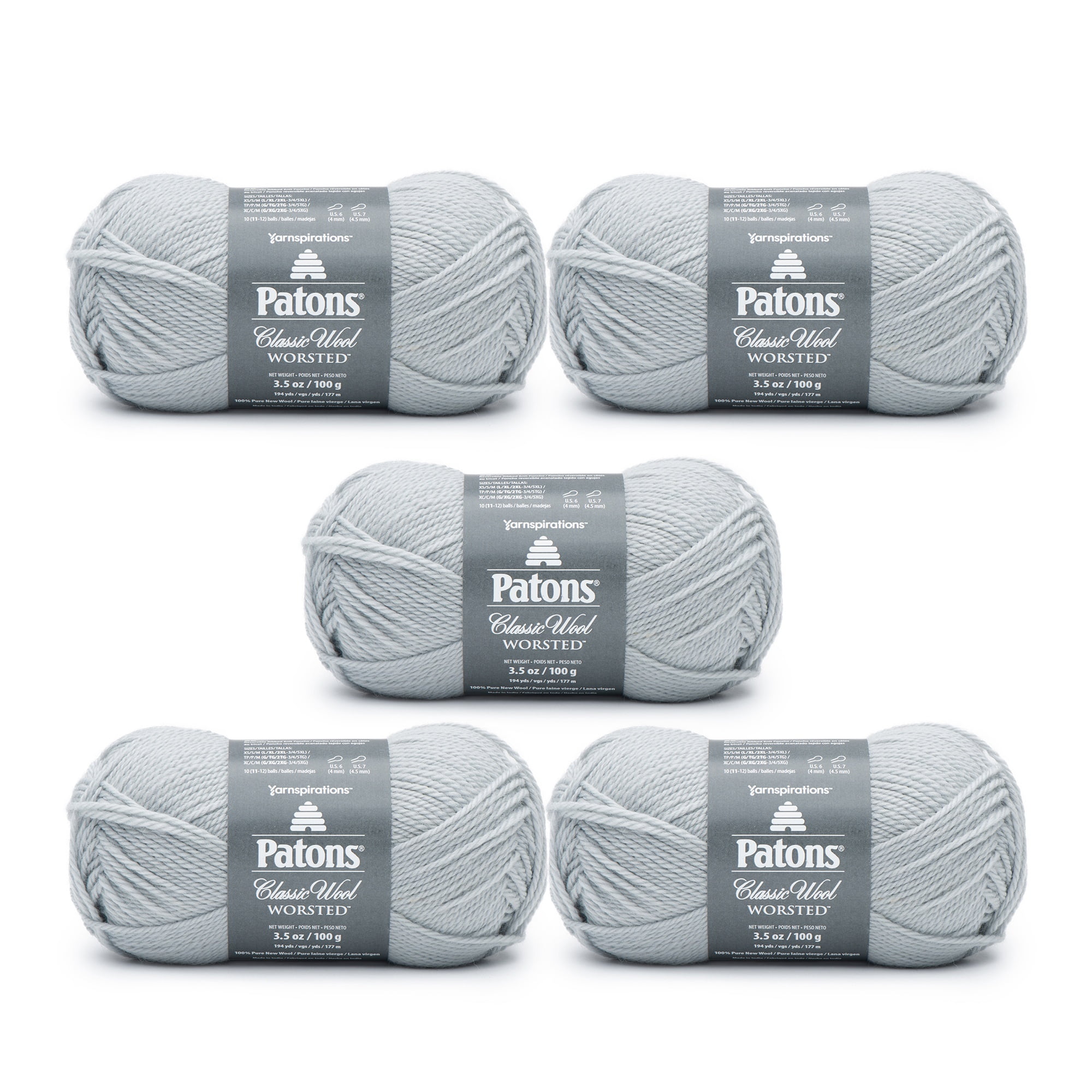 Patons Classic Wool Cool Gray Yarn - 5 Pack of 3.5oz/100g - Wool - 4 ...
