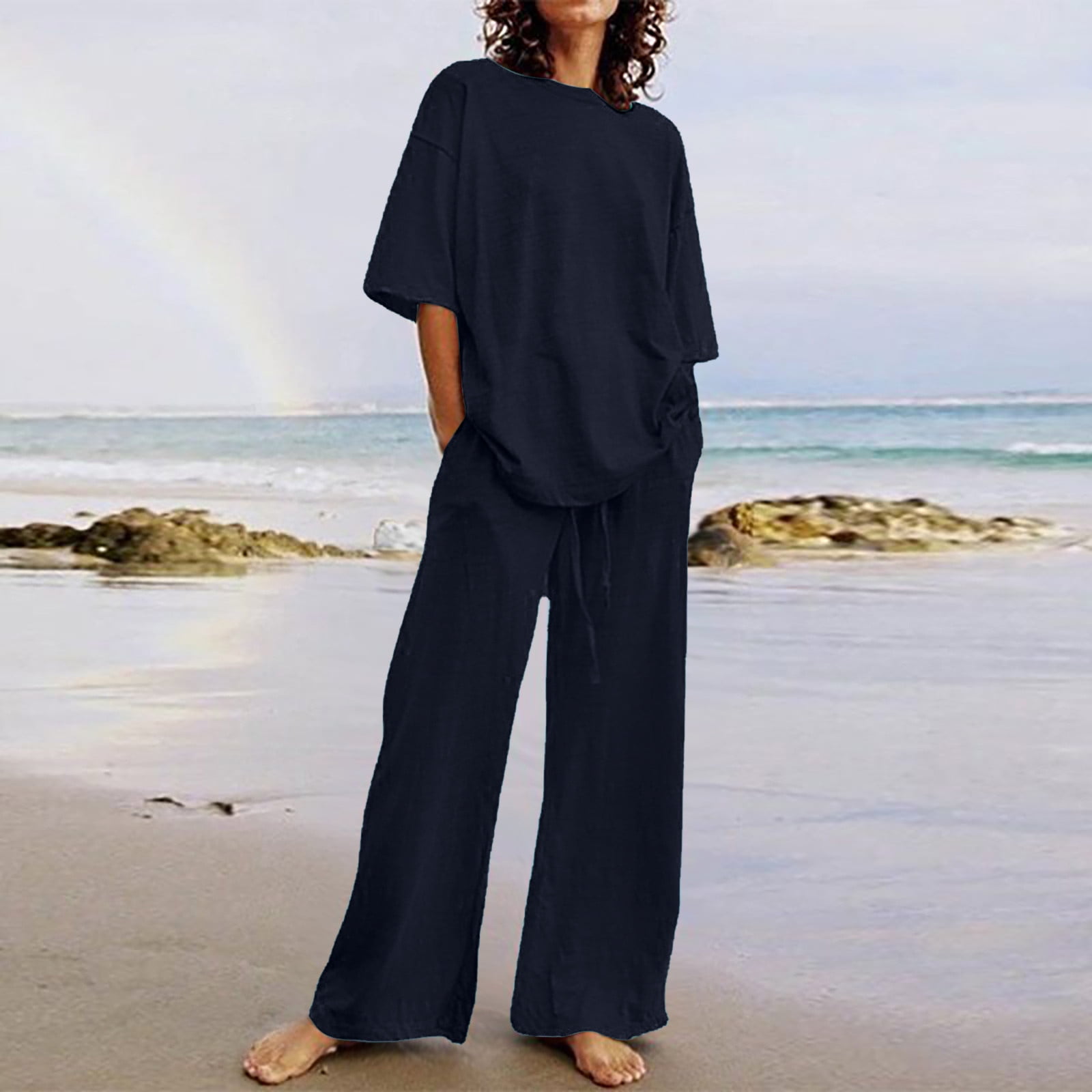 Jerdar Women Casual 2 Piece Short Sets Summer Leisure Suit Short Sleeve Solid Trousers Casual ...