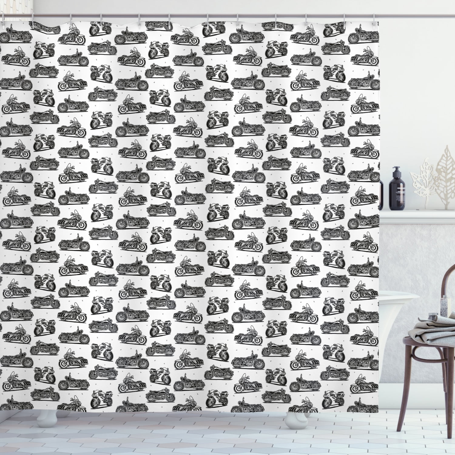 Motorcycle Shower Curtain, Retro Motorcycle Drawings of Old-Fashioned ...